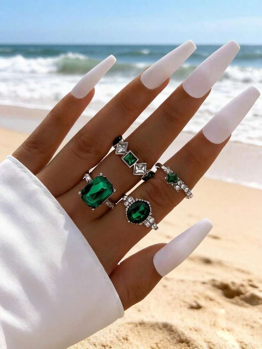 4pcs Silver-Tone Zinc Alloy Rhinestone Green Gem Geometric Stackable ...