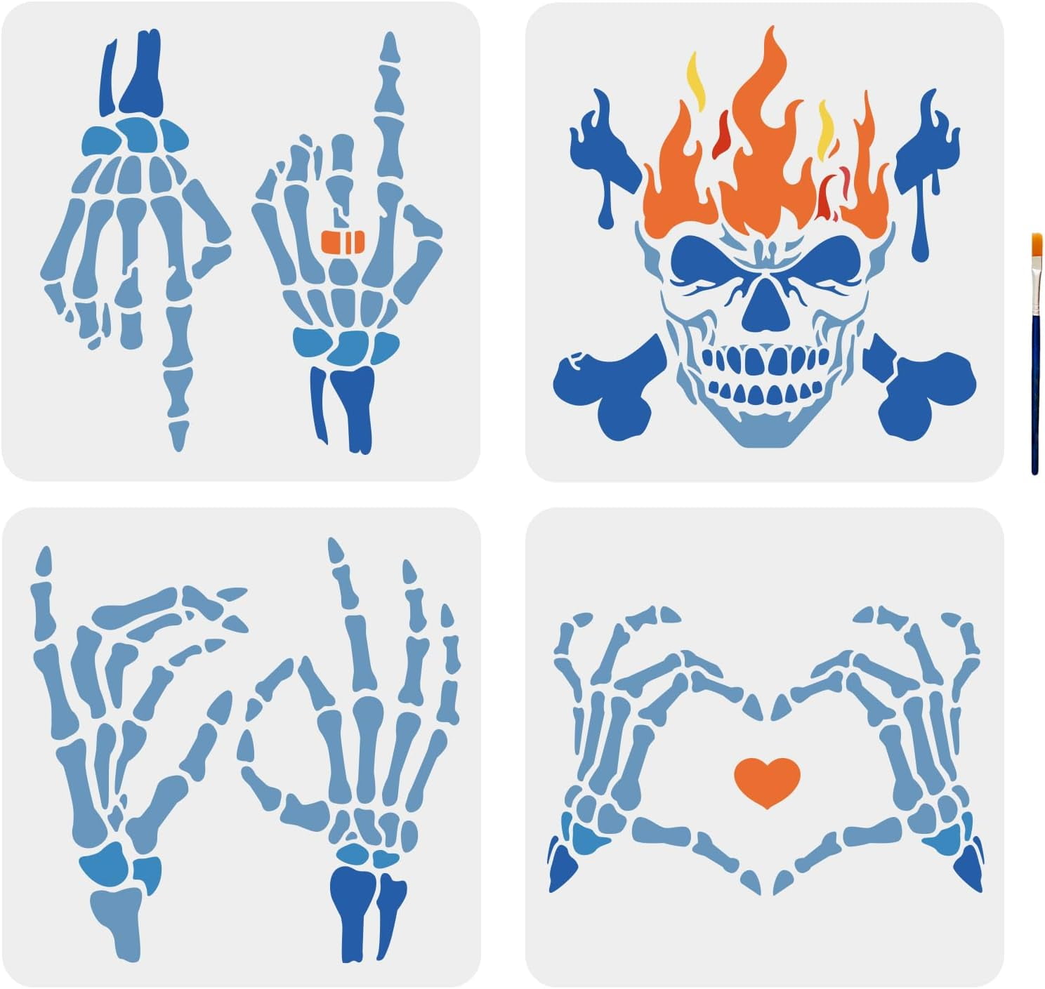 4pcs Skeleton Hand Stencil 11.8×11.8inch Skeleton Finger Stencil Heart ...