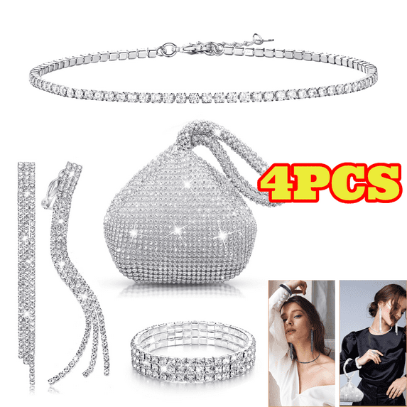 4pcs Sliver Clutch Purse Jewelry Set for Women, Rhinestone Dangle Ear ...