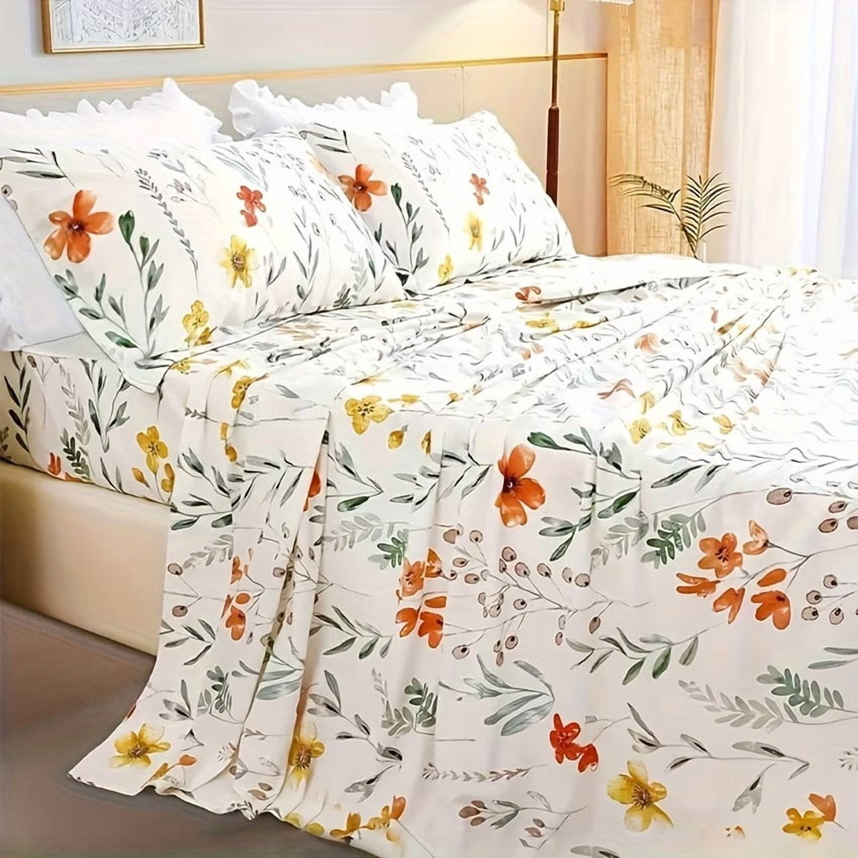 4pcs Small Floral Print Fitted Sheet and Pillowcase Set - Soft ...