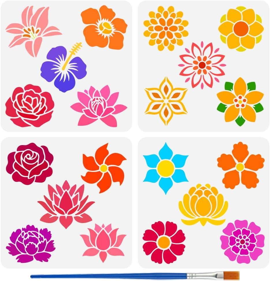 4pcs Small Flower Patterns Painting Stencil Set with Brush 11.8x11 ...