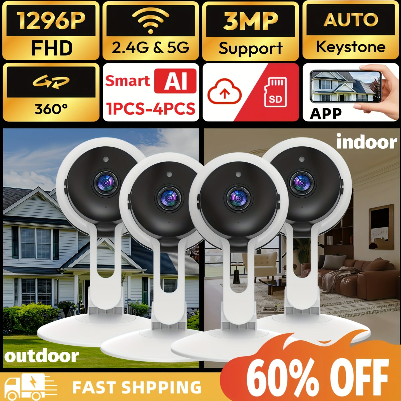 4pcs Smart AI 3MP Wireless Indoor Security Cameras - 3MP HD Video, 2.4G ...