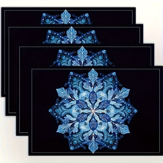 4pcs, Snowflake Mandala in Blue Tones Placemats, Fashion Print Pattern ...