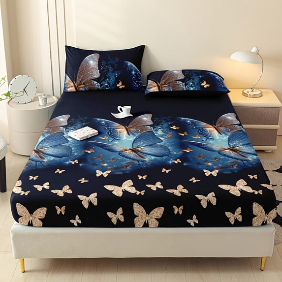 4pcs Sparkling Butterfly Bedding Set - Soft & Comfortable Fitted Sheet ...