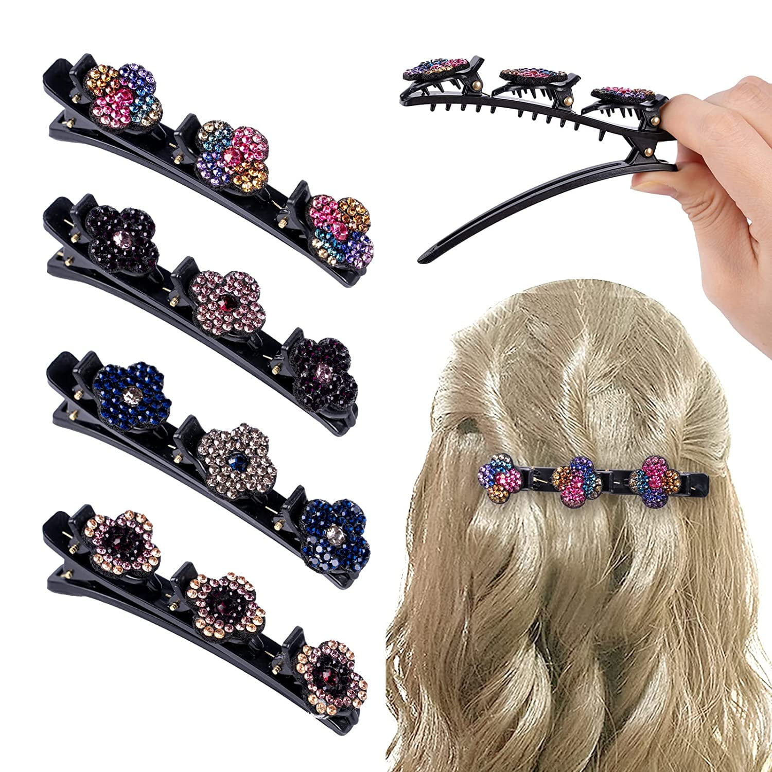 4pcs Sparkling Crystal Stone Braided Hair Clips, Four-Leaf Clover ...