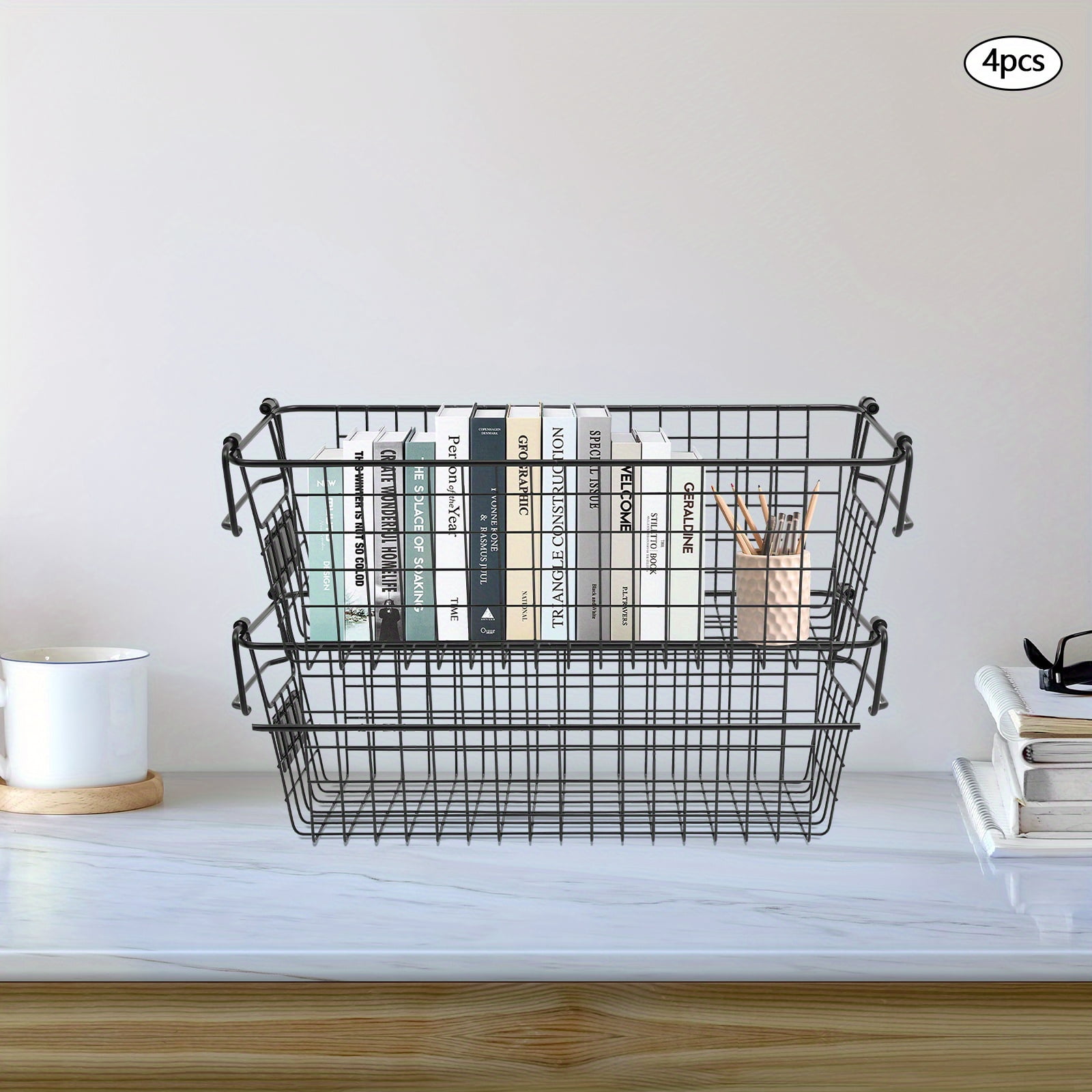 4pcs Stackable Storage Baskets - Heavy Duty Metal Organizer with Open ...