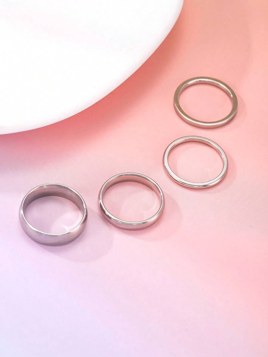 4pcs Stainless Steel Silver Minimalist Smooth Ring Set For Adults ...