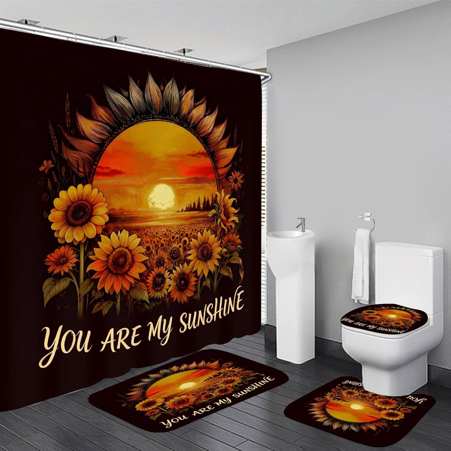 4pcs Sunflower Shower Curtain Set with Rugs You are My Sunshine ...