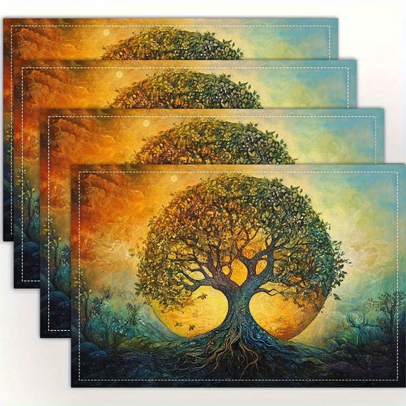 4pcs Tree of Life Placemats - Vibrant Sunset & Forest Design, 12x18 ...