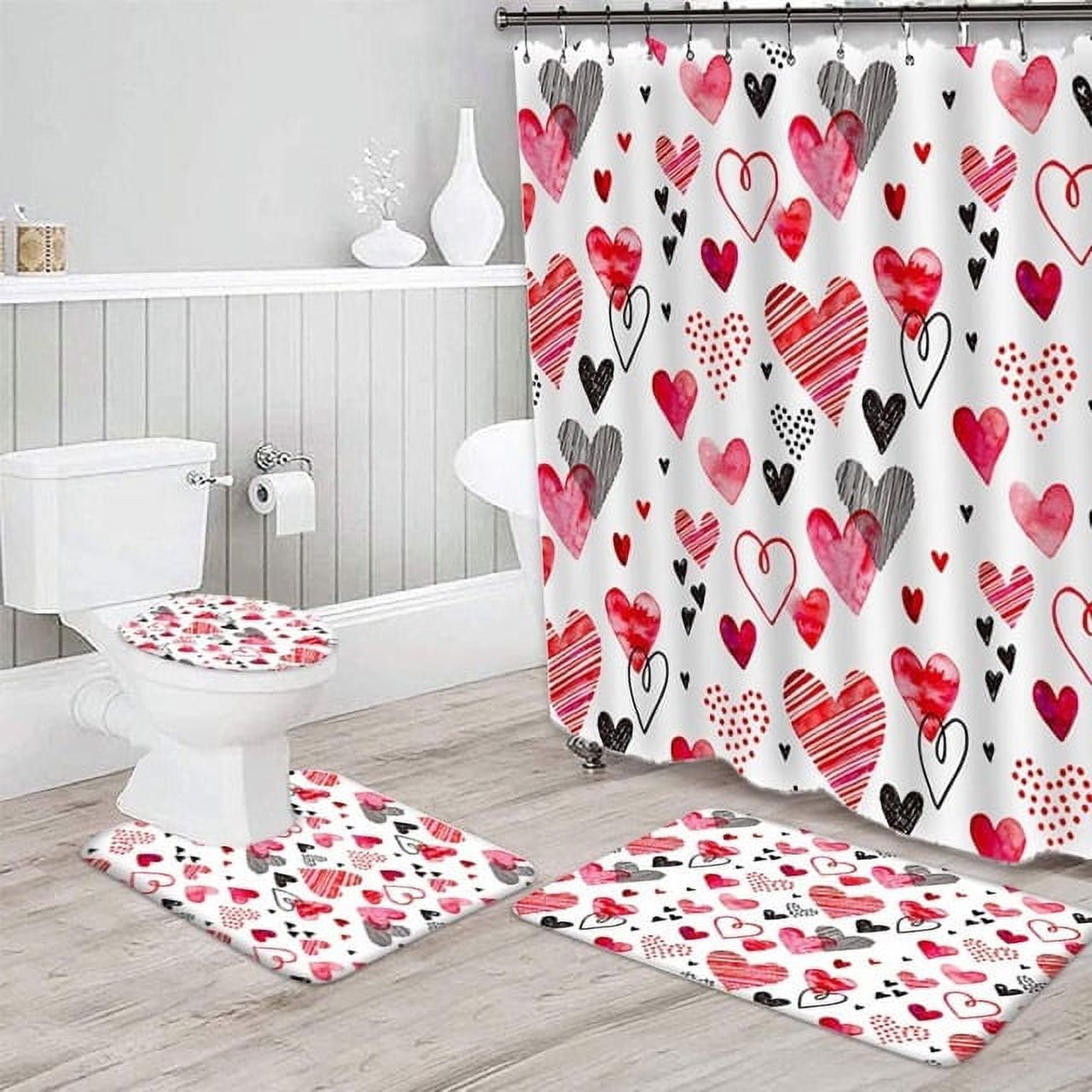 4pcs Valentine's Day Shower Curtain Set Farmhouse Romantic Rose Gnome ...