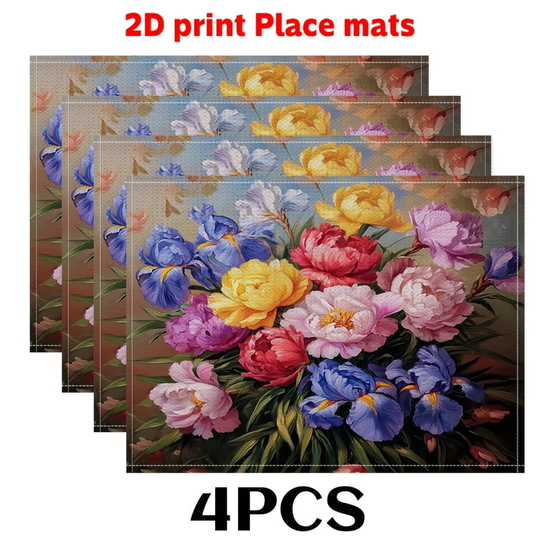4pcs, Vases and flowers Pattern placemats, fashion print pattern table ...