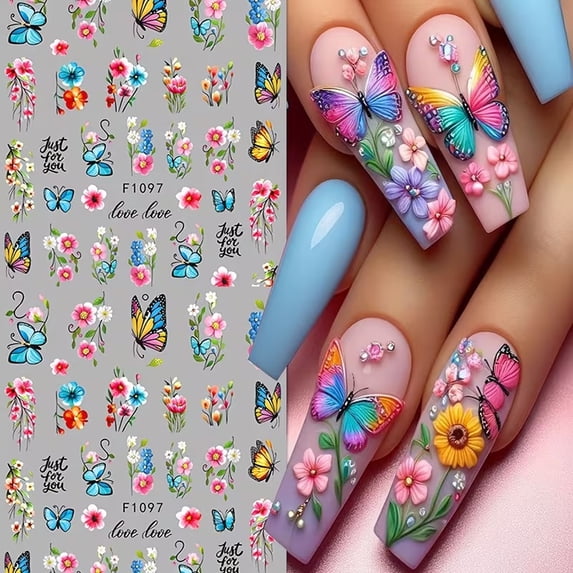 4pcs Vibrant Floral Butterfly Nail Stickers - Self-Adhesive Nail Art ...