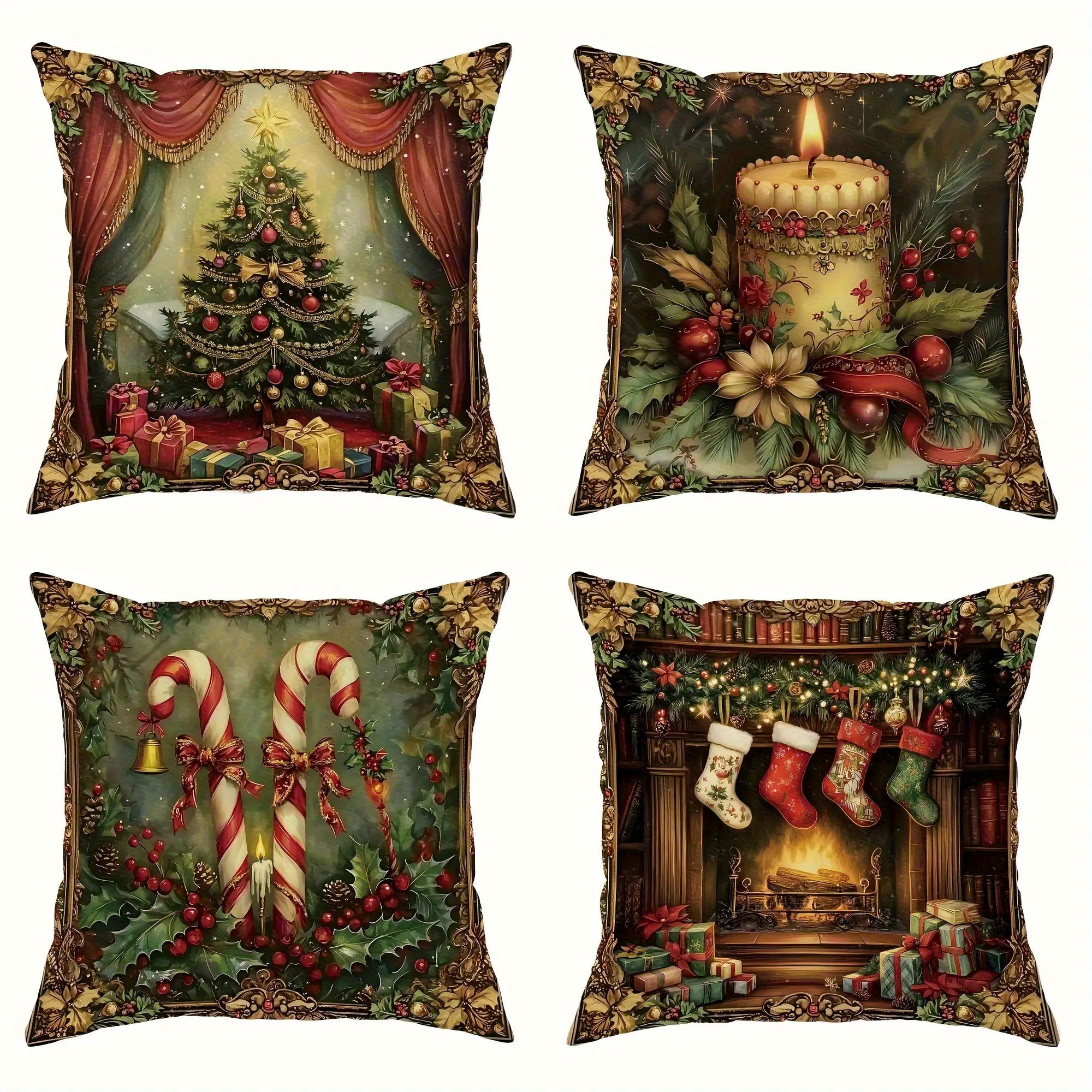 4pcs Vintage Christmas Pillow Covers 18x18, Festive Tree Stocking ...