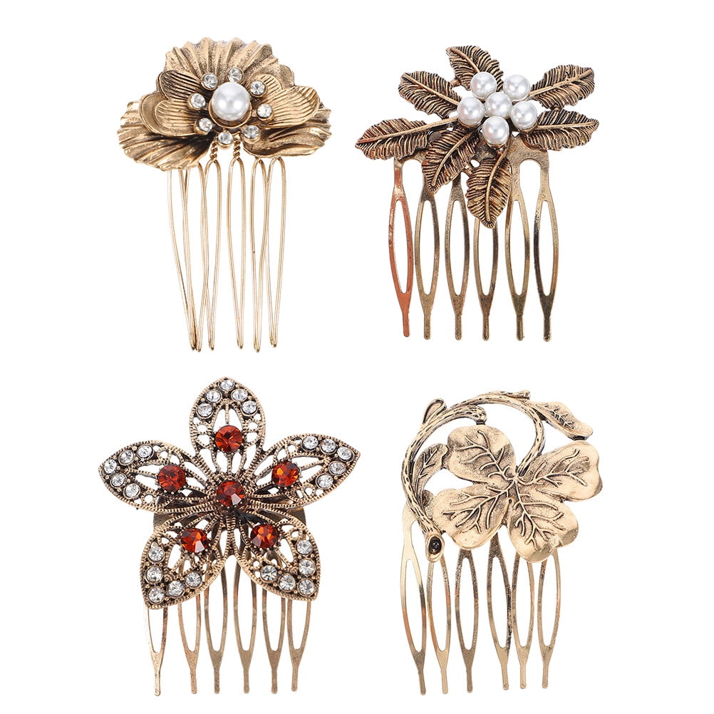 4pcs Vintage Style Pearl Hair Comb Leaf Diamond Headdress Hair ...