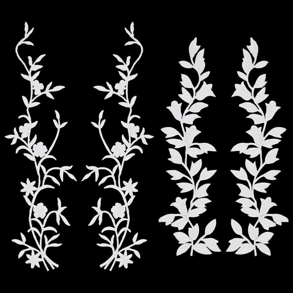 4pcs White Iron On Patches 2 Styles Leaf Flowers Embroidery Applique ...