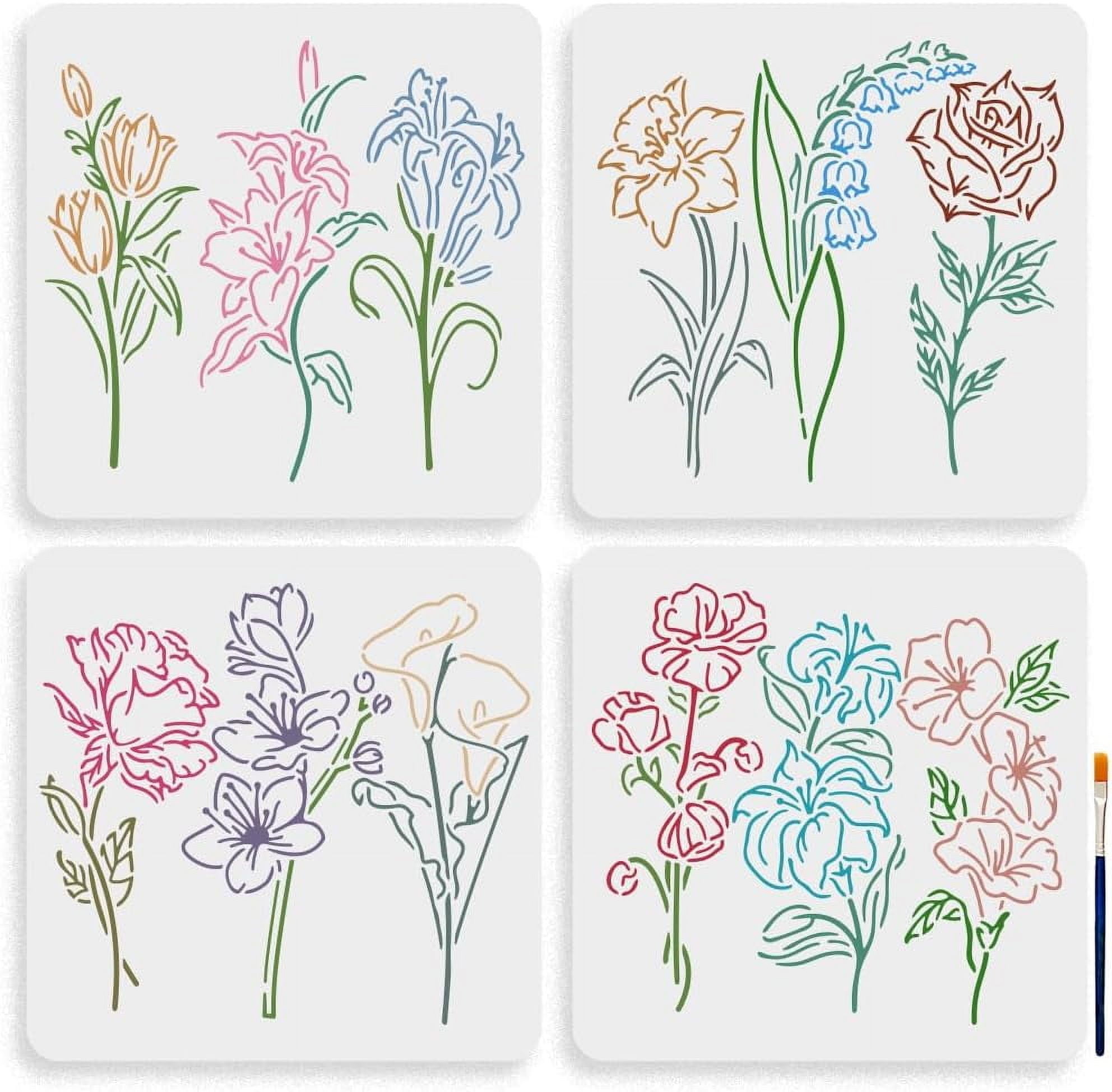 4pcs Wildflower Stencils 11.8×11.8inch Large Rose Lily Tulip Flower ...