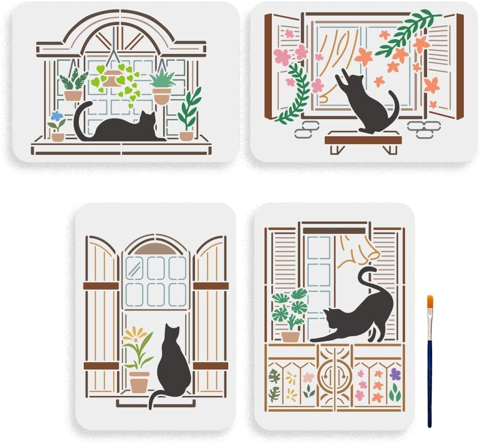 4pcs Window Cat Flower Stencils 11.7×8.3inch Large Room Window Sill ...
