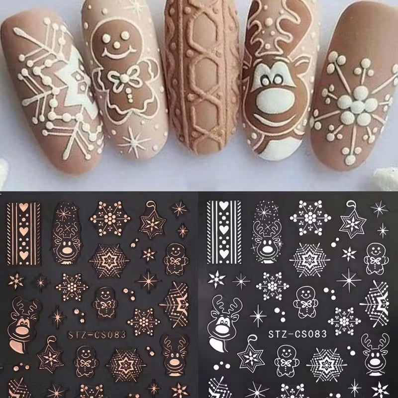4pcs Winter Snowflake Nail Art Stickers - 3D Cartoon Deer in Rose Gold ...