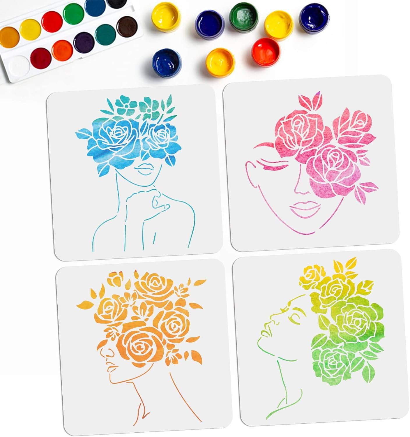 4pcs Woman Stencils Rose Floral Female Face Drawing Painting Stencils 11.8×11.8inch Reusable ...