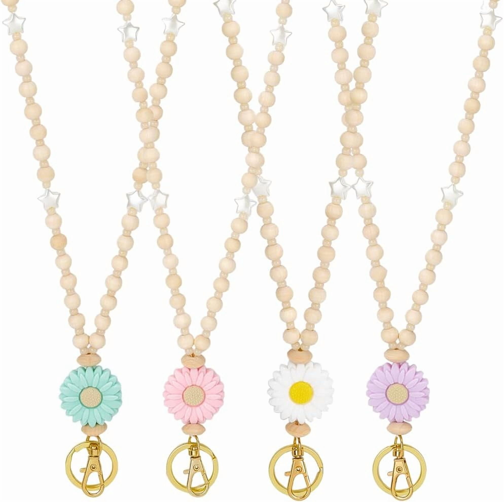 4pcs Wood Beaded Lanyards Flower Teacher Lanyards Wooden Daisy Floral ...