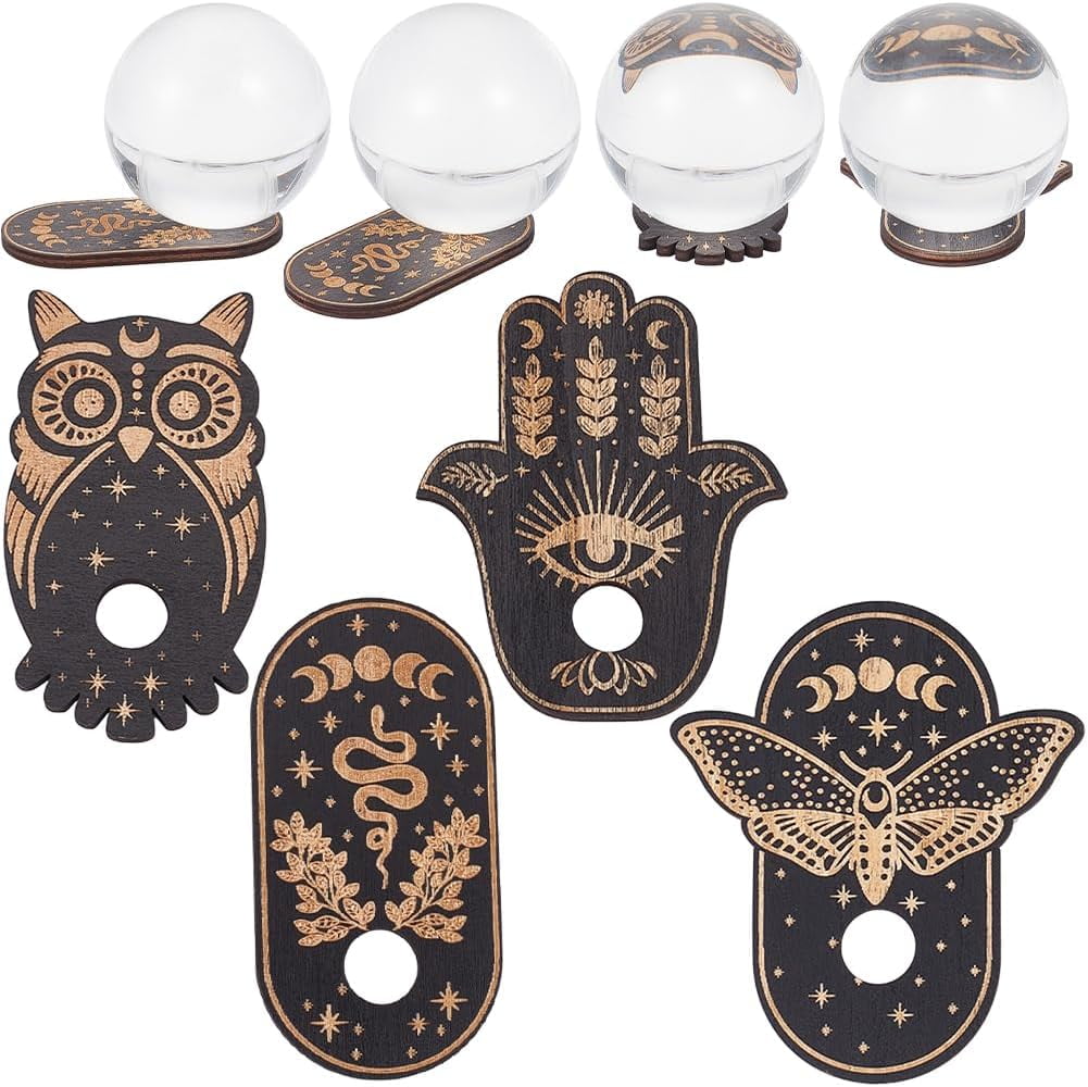 4pcs Wood Mini Sphere Display Stand - Ball Holder (Moth Hamsa Hand Owl ...