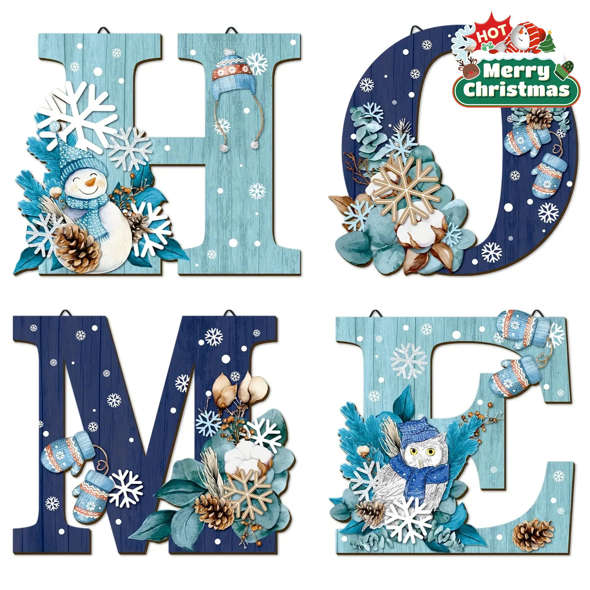 4pcs Wooden Snowman & Snowflake Wall Decor Set - Rustic Farmhouse ...