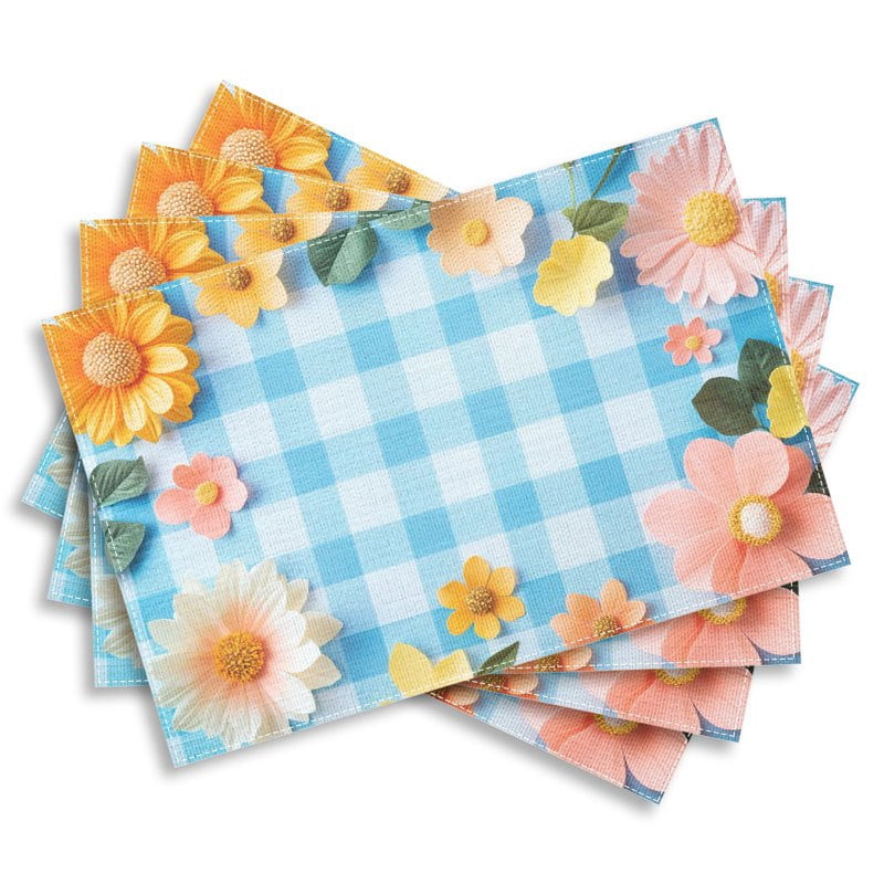 4pcs blue and white gingham Pattern placemats, fashion print pattern ...