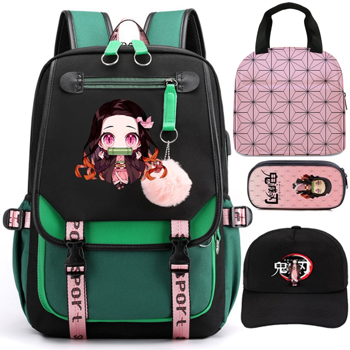4pcs/kit Nezuko Backpack with USB Charging Port, Bookbag - Walmart.com