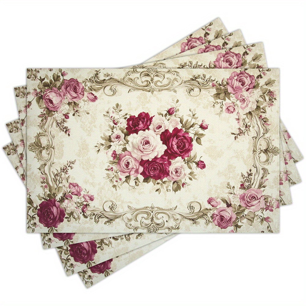 4pcs placemats, Elegant Pink and White Rose Table Mats,fashion print ...