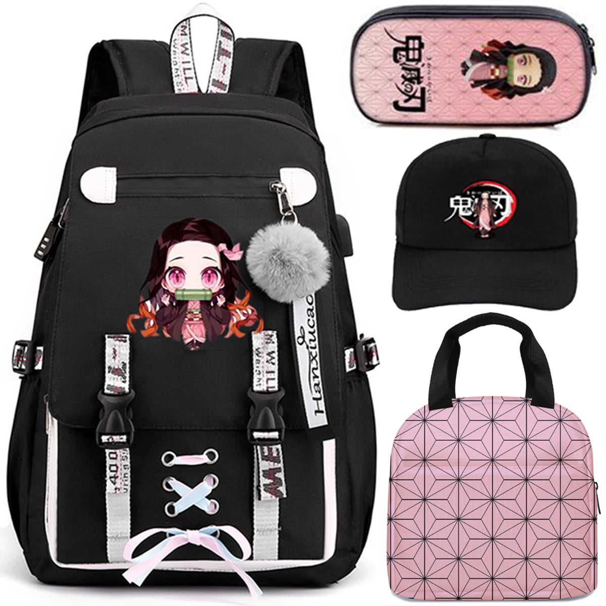 4pcs/set Demon Slayer Nezuko School Bag, Usb Port Backpack - Walmart.com