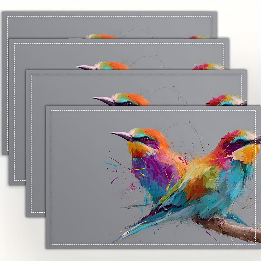 4pcs set,Rectangle Flax placemats,Simple and colorful bird Theme table ...