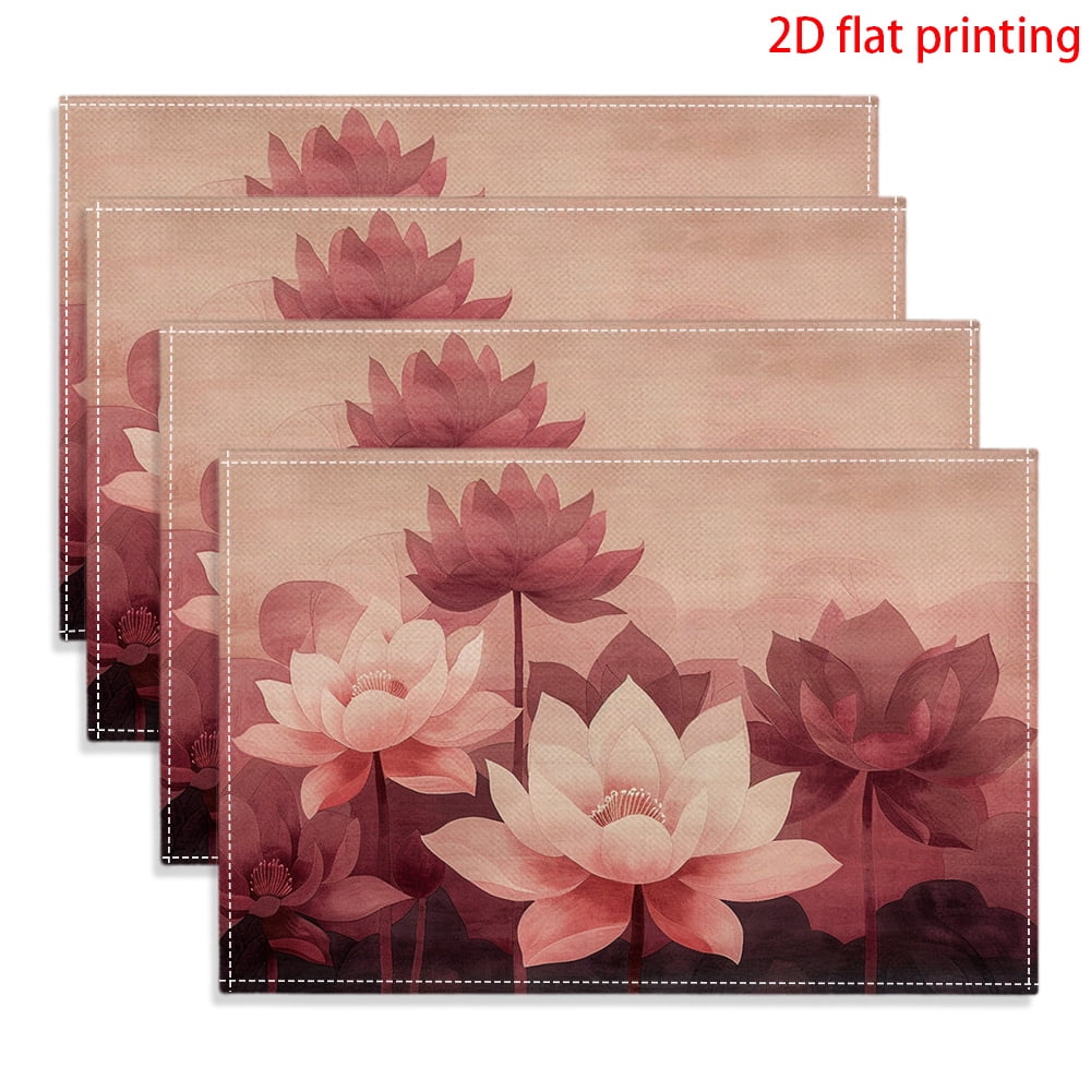 4pcs set Rectangle placemats,Pink and red lotuses pattern Flax table ...