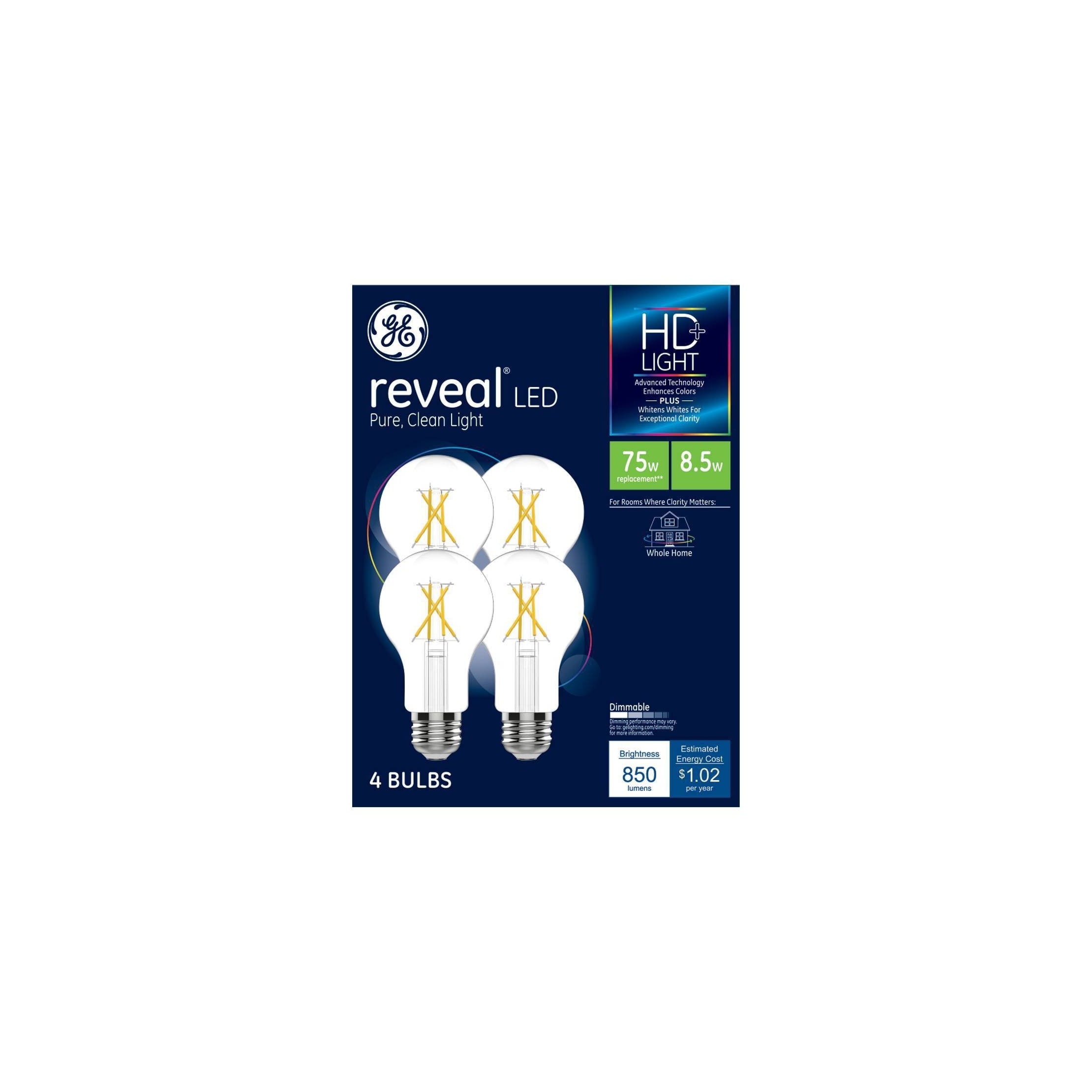 4pk 75W Reveal A19 LED Light Bulbs: Dimmable Edison Base, 850 Lumens ...