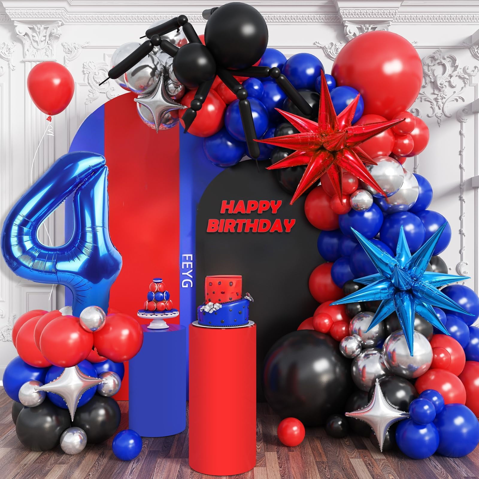 4th Balloon Garland FEV6 Arch Kit, Boys 4th Birthday Decorations, Black Red and Blue Balloon ...