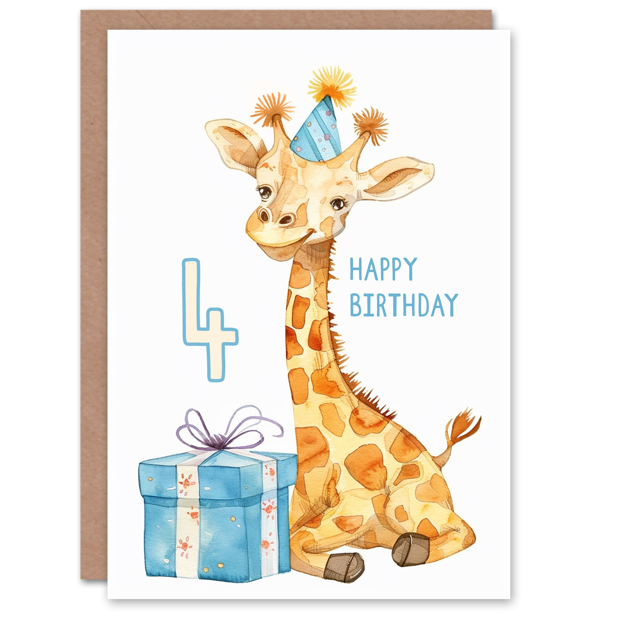 4th Birthday Card Cute Giraffe Party Hat Cartoon Fun Kids Age 4 Year ...