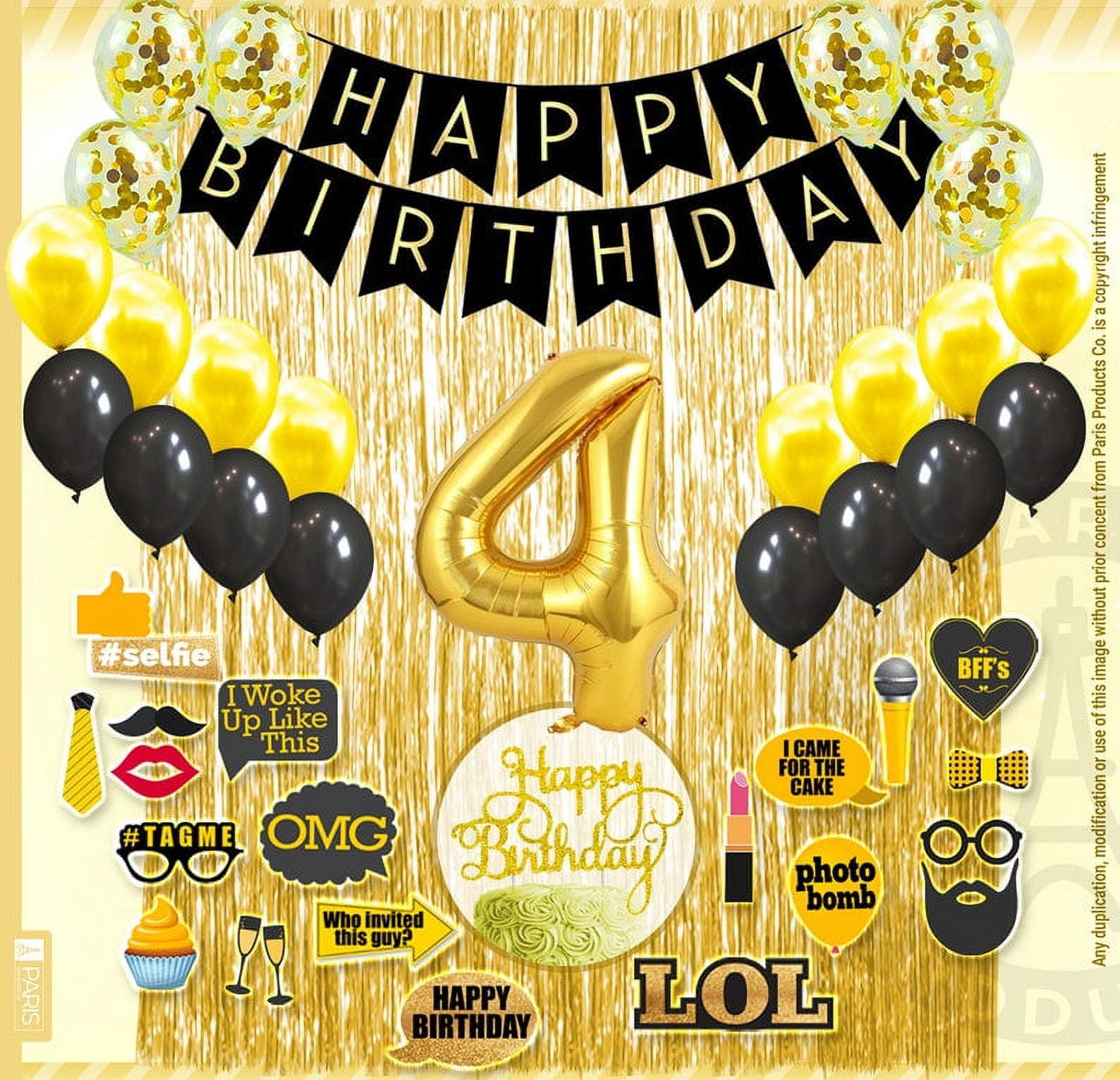 4th Birthday Decoration Black and Gold for Boy & Girl, 4th Cake Topper ...