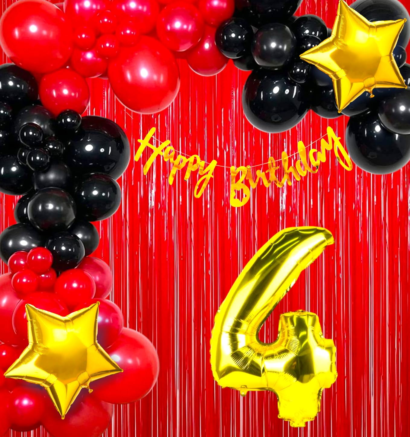 4th Birthday Party Decoration Set Red and Black Balloons with Gold Star and Number 4 Foil ...