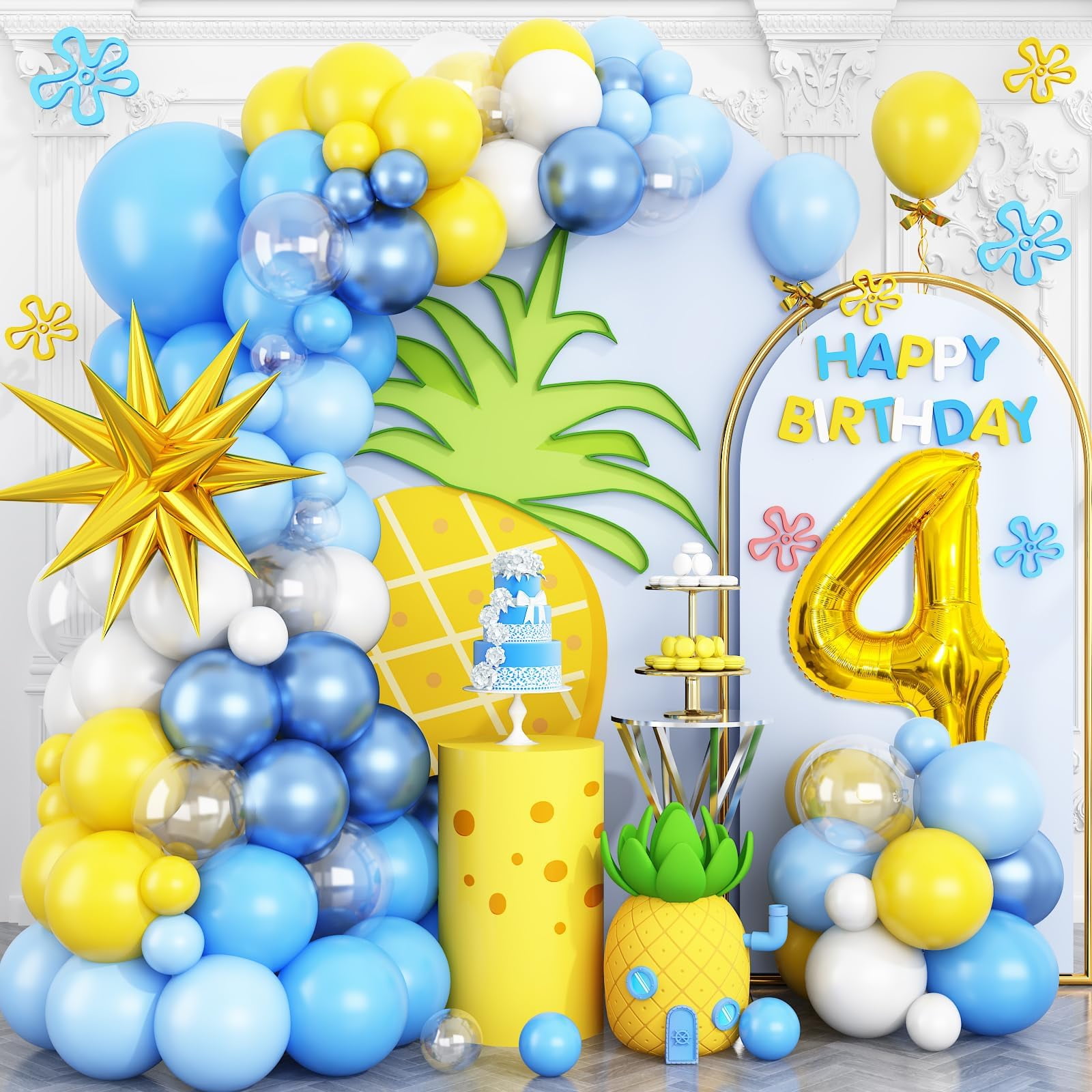 4th Birthday Sponge Theme Balloons Arch, NSD3 Blue Yellow Balloons ...