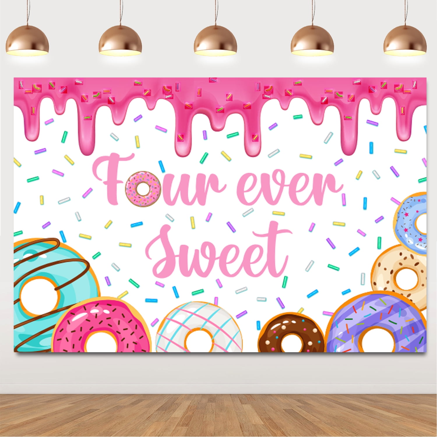 4th Donut Birthday Backdrop, Four Ever Sweet Happy Birthday Donut Sweet ...