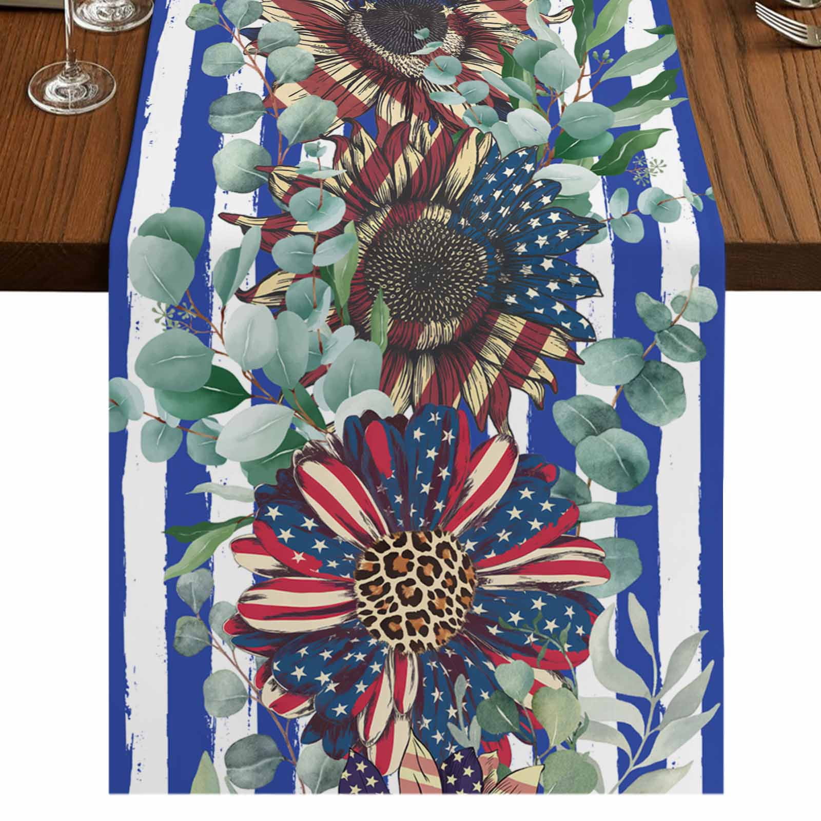 4th of July 108 Inch Table Runner, Independence Day Star Botanical Blue ...