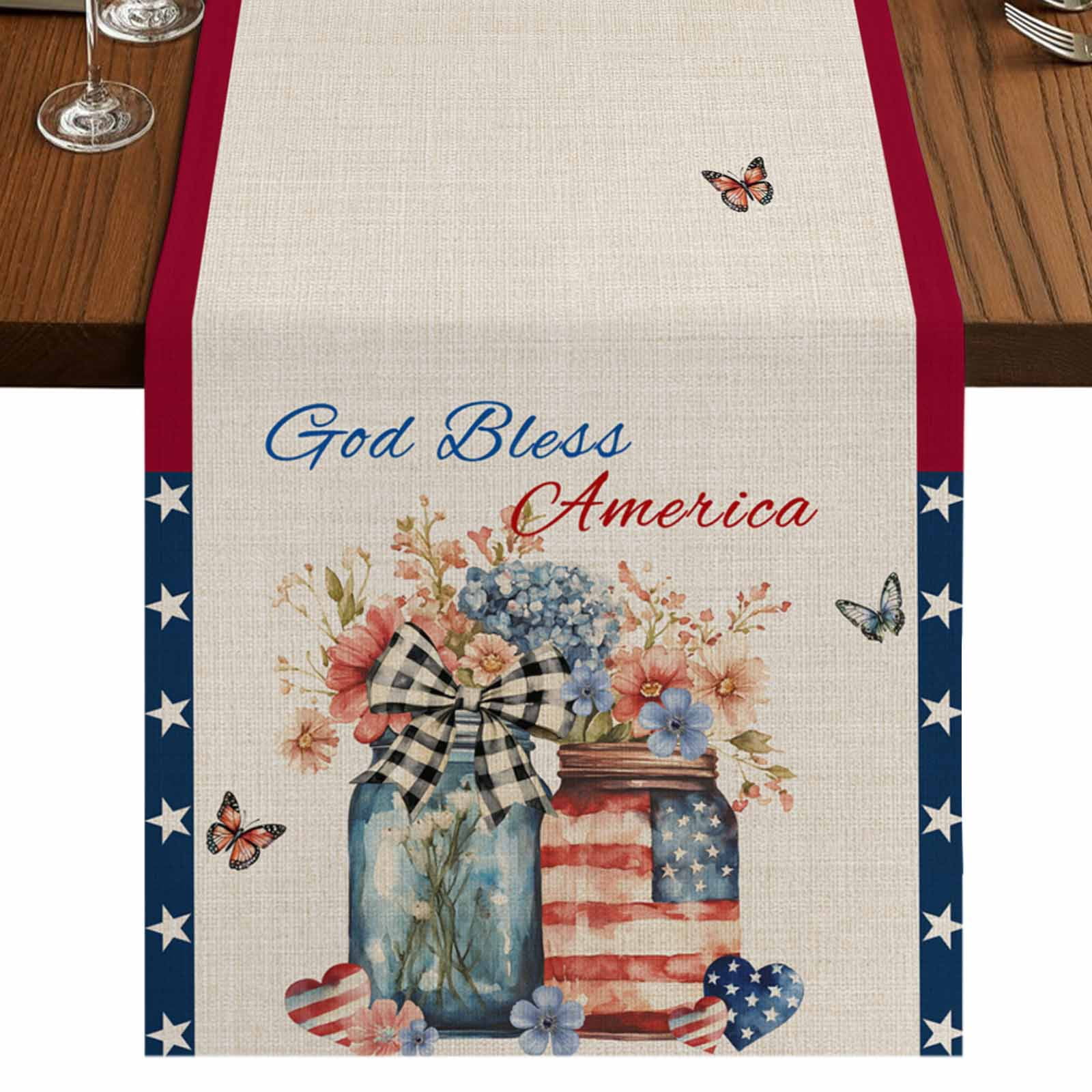 4th of July 120 Inch Table Runner, Floral Butterfly Blue Red ...