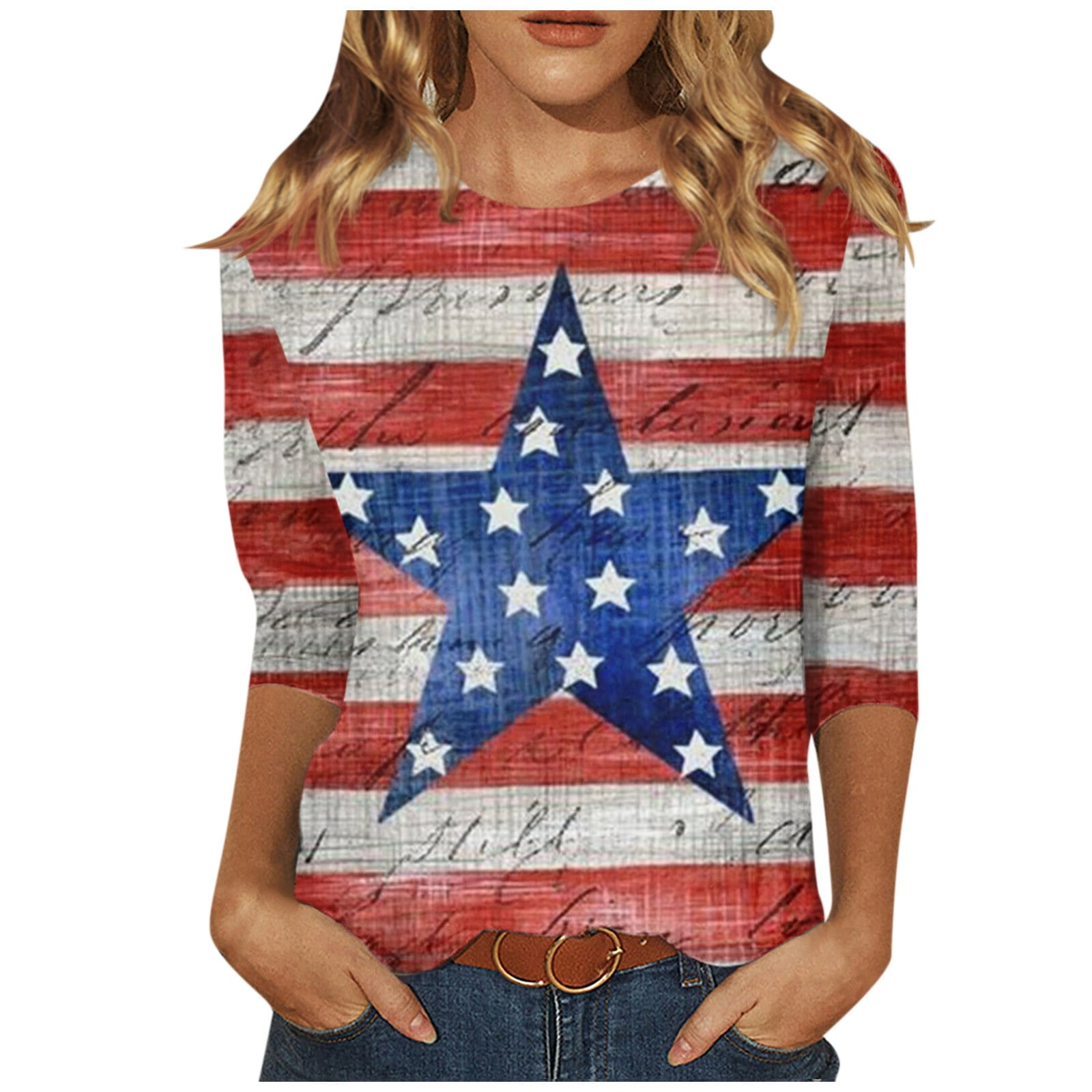 4th of July 3/4 Sleeve American Flag Shirt for Women Patriotic Shirt ...