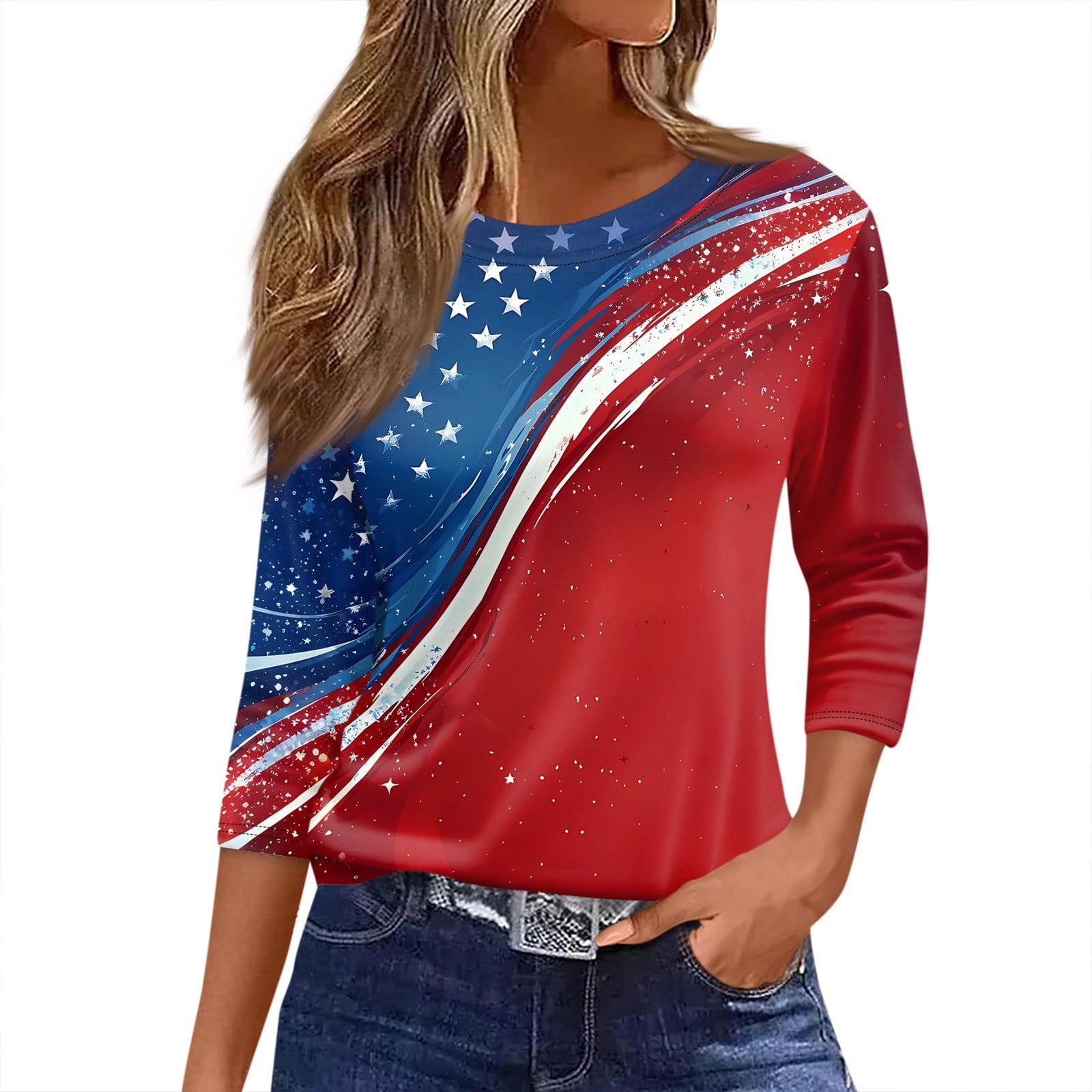 4th of July 3/4 Sleeve Tops for Women On Clearance Round Neck American Flag Stars Striped ...