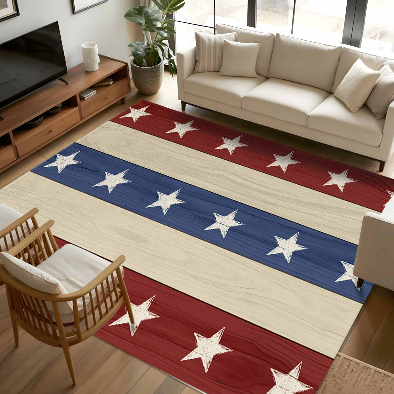 4th of July 5x7 Area Rugs, Blue Red Star Striped Independence Day Non ...