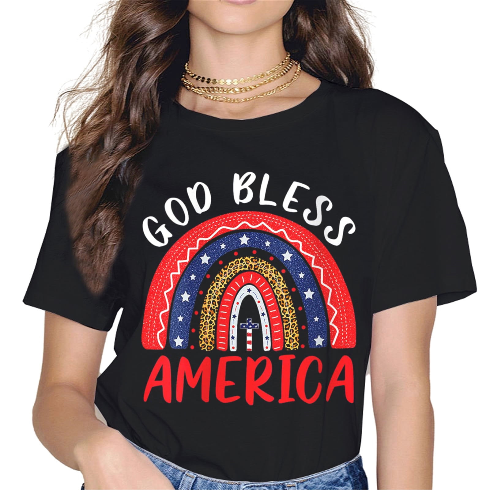 4th of July American Flag God Blessed America Rainbows Gift T-Shirt Women Patriotic Tops Party ...