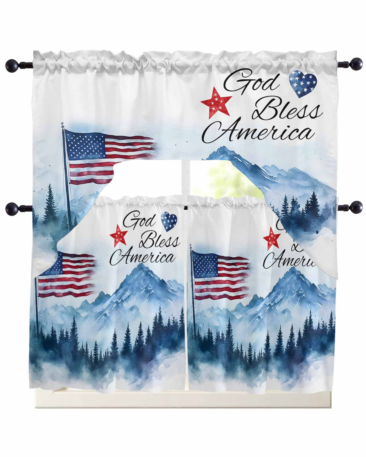 4th of July American Flag Kitchen Curtains Swag Valance and Tier ...