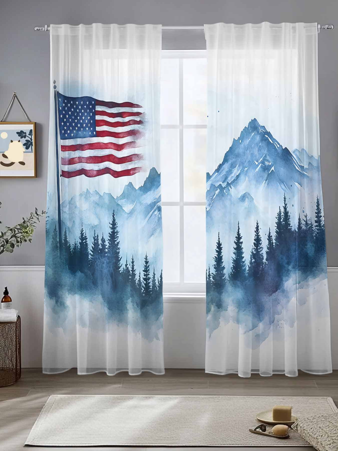 4th of July American Flag Sheer Curtains for Living Room Bedroom Forest ...