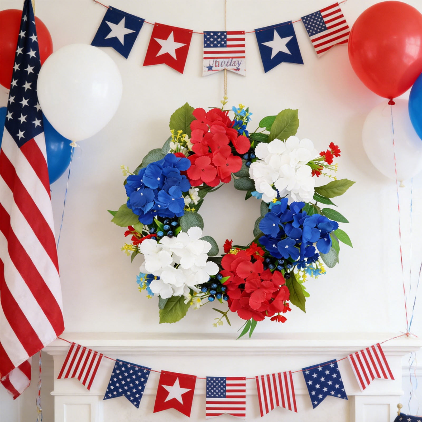 4th of July Artificial Red White Blue Flower Wreath - Patriotic Theme ...