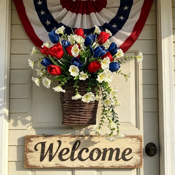 4th of July Artificial Red White Blue Flower Wreath - Simulation Floral ...