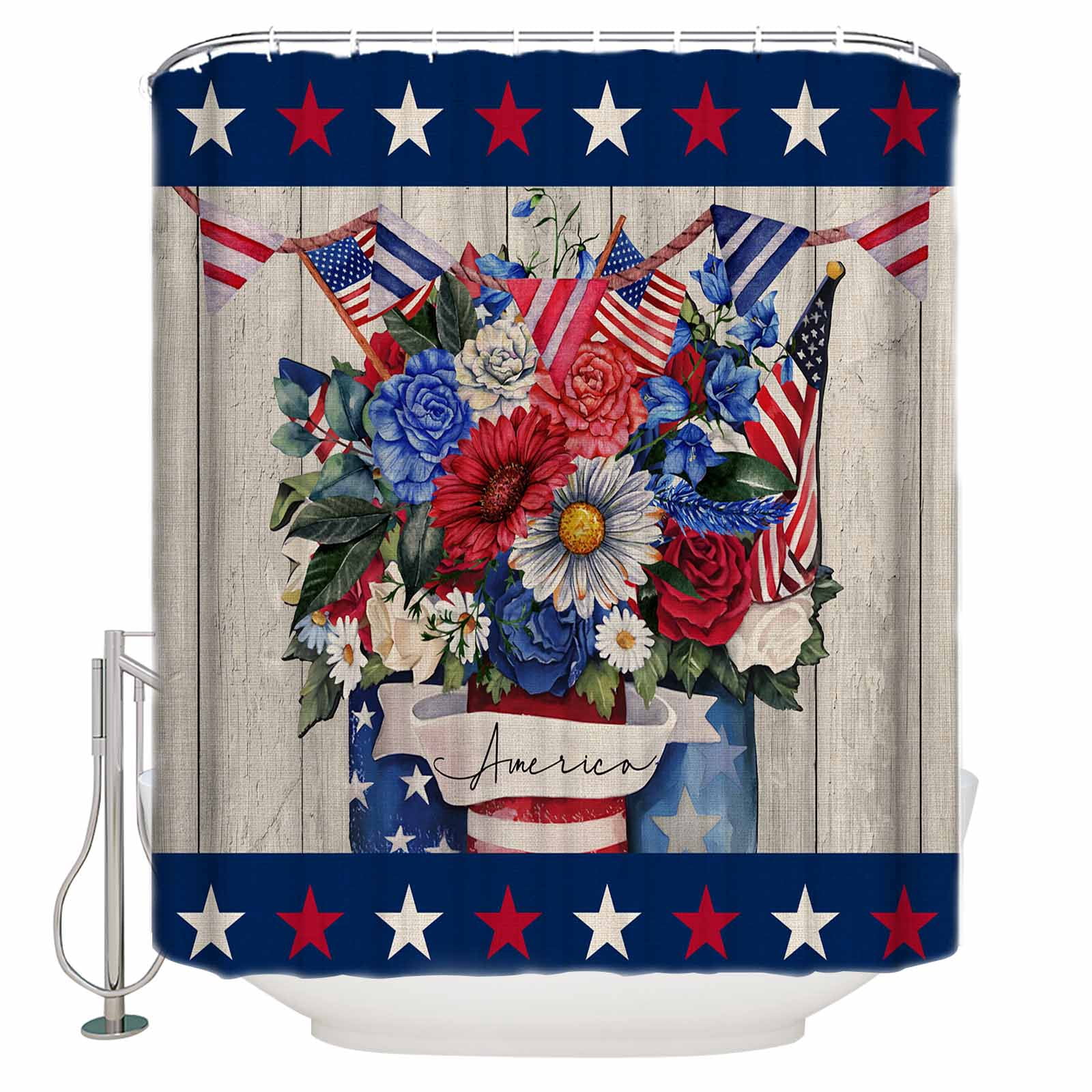 4th of July Bathroom Shower Curtains with 12 Hooks Polyester Waterproof ...